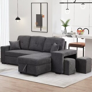 Reversible Sofa Bed with Side Shelf and 2 Stools and Storage Chaise ...