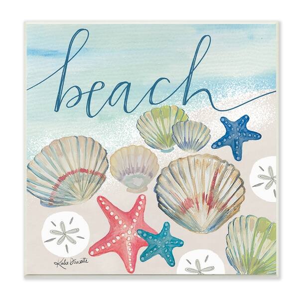 Stupell Beach Calligraphy Seashells Clams Starfish Ocean Foam Wood Wall ...
