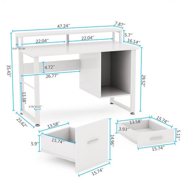 47 Inches White Computer Desk with Hutch, Home Office Desks with 2 ...