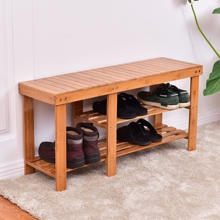 Costway 2-Tier Natural Bamboo Shoe Bench Boot Organizing Rack Entryway ...