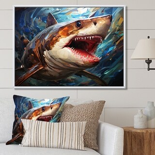Designart "Blue Shark Predators Glare Geometric II" Animals Framed Wall ...