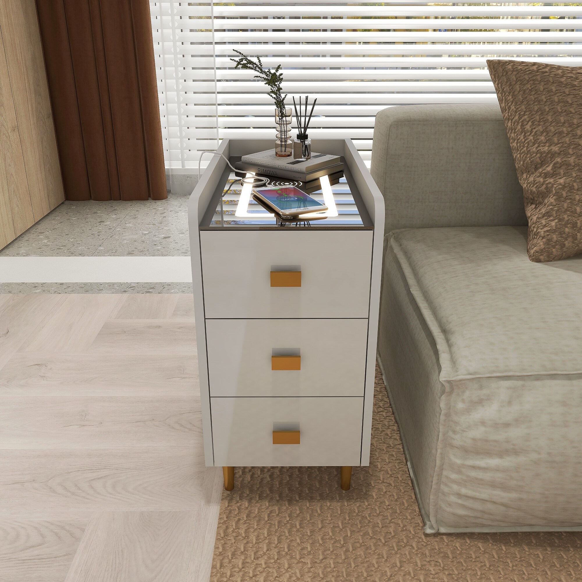 LED Nightstand with Wireless Charging Station, Narrow End Table with ...