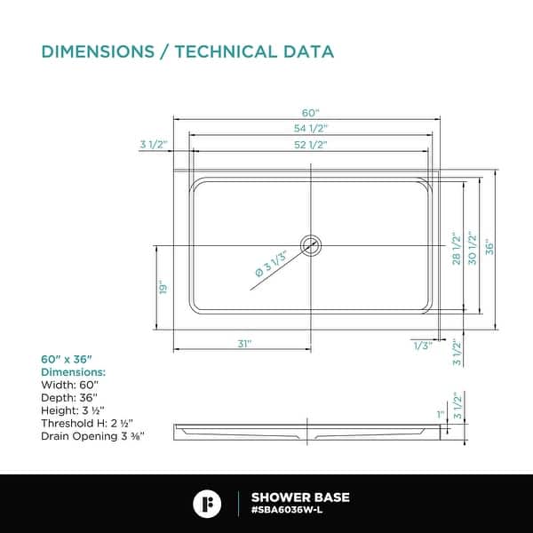 Fine Fixtures Double Threshold Acrylic Shower Base - Non-Slip Textured ...