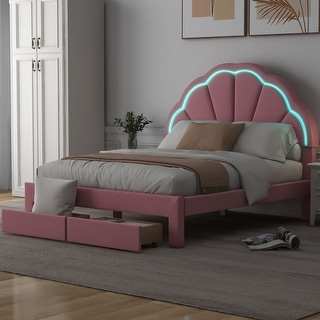Chic Full LED Bed with Seashell Headboard & Storage Drawers - White ...