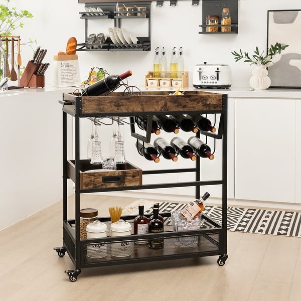 Gymax Rolling Bar Cart 3-Tier Industrial Buffet Serving Trolley w/ - On ...