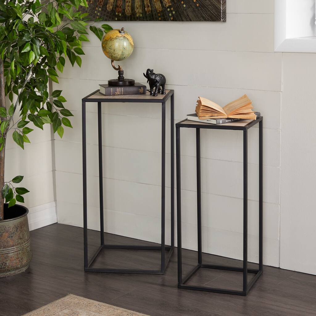 Black Metal Rectangle Pedestal Accent Table with Brown Wood Tops (Set ...