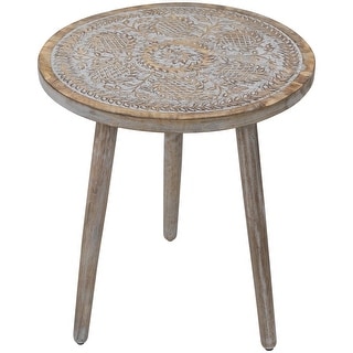 21" Antique Gray Engraved Round Tri Leg Wooden Side Table - Bed Bath ...