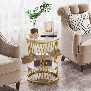 Round End Table, Modern White Gold Side Table with Faux Marble Shelves ...