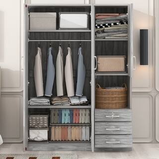 2-Doors Wooden Wardrobe Storage with Shelves and 3 Drawers Freestanding ...