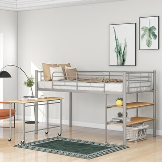 Twin Size Metal Loft Bed with Desk and Shelves,Silver - Bed Bath ...