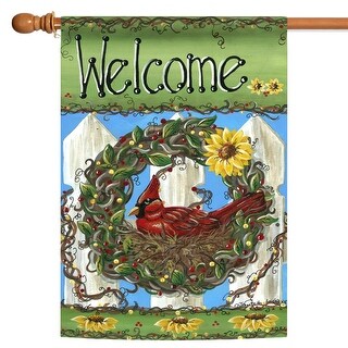 Cardinal in Bird Nest 'Welcome' Floral Outdoor Flag - 40" x 28" - Bed ...