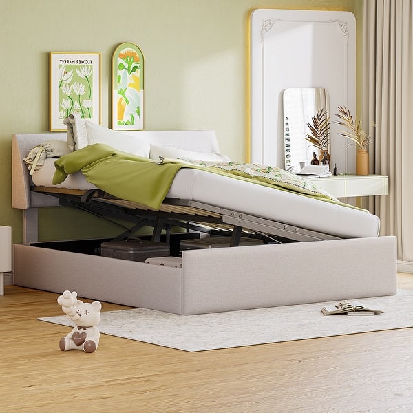 Linen Upholstered Sleigh Bed Slat Support Platform Bed Frame with Side ...