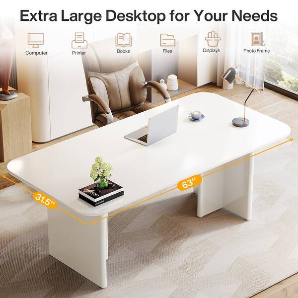 63-Inch Large Desk, Modern Executive Desk Home Office White Computer ...