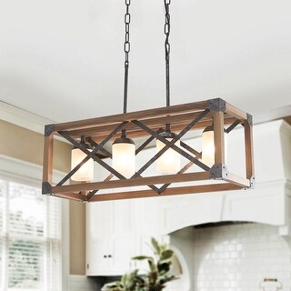 4-Light Wooden Rectangle Cage Island Chandelier - Frosted Glass, Brown ...