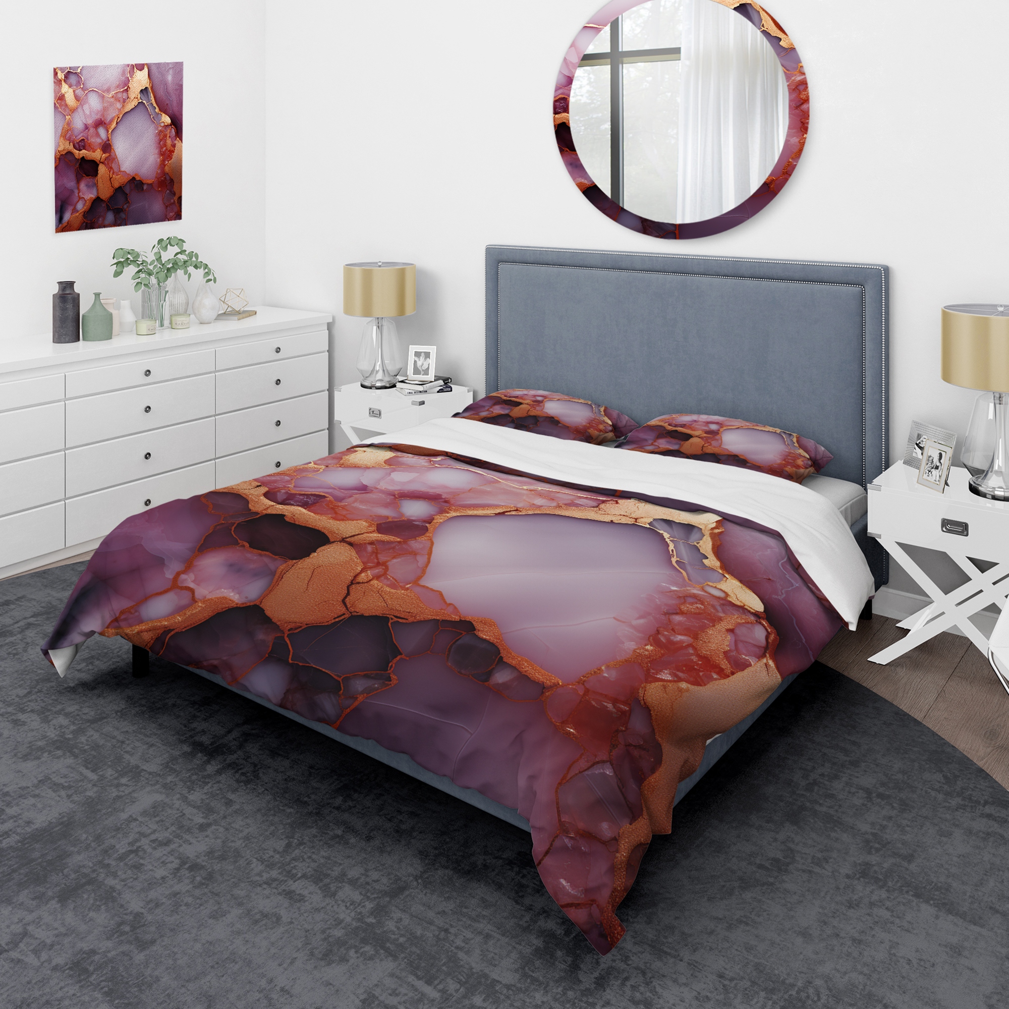 Designart Gold and Pink Marble Essence III Abstract Marble Bedding Cover Set Traditional Bed Set with Shams