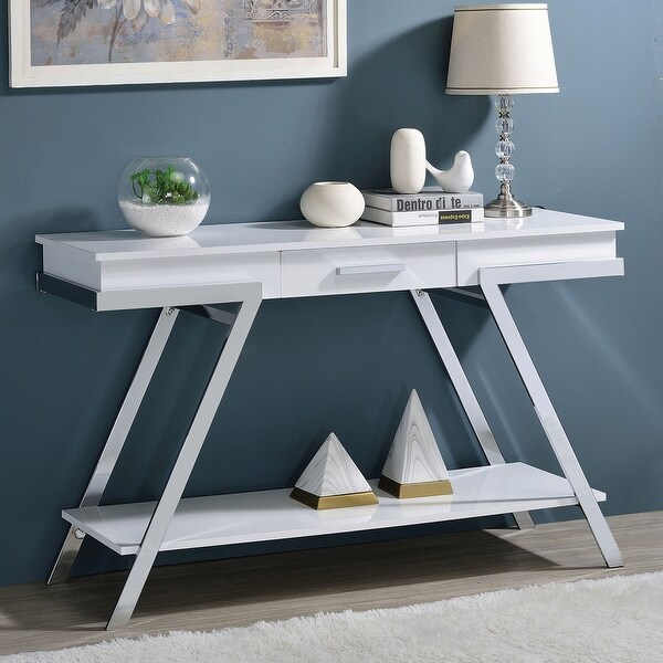 Stylish Console Table with Chrome Frame High Gloss Finish Open Shelf and Storage Drawer Bed Bath Beyond 42142305