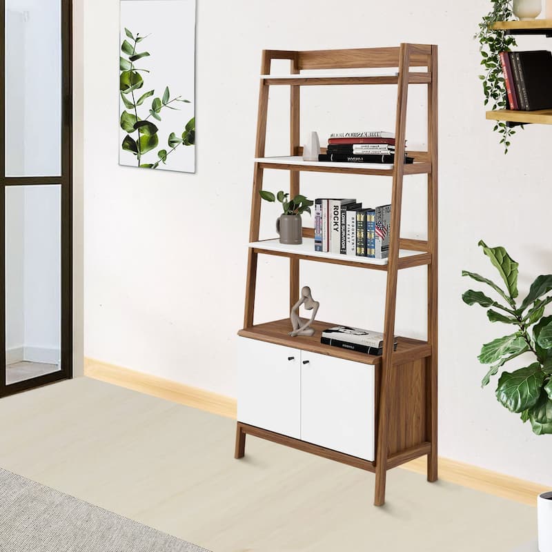 Balsam 5-Shelf Ladder Two-tone Wooden Bookcase with Storage Cabinet ...