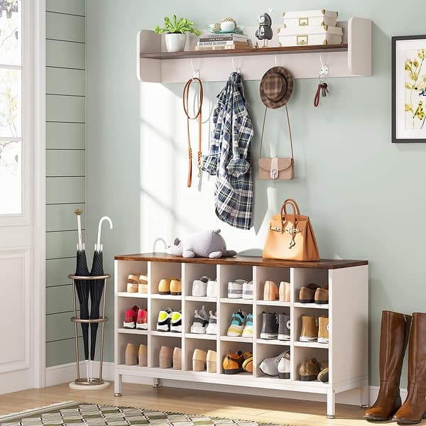 Coat Rack Shoe Bench Set, Hall Tree with Bench and 18 Shoe Cubbies ...