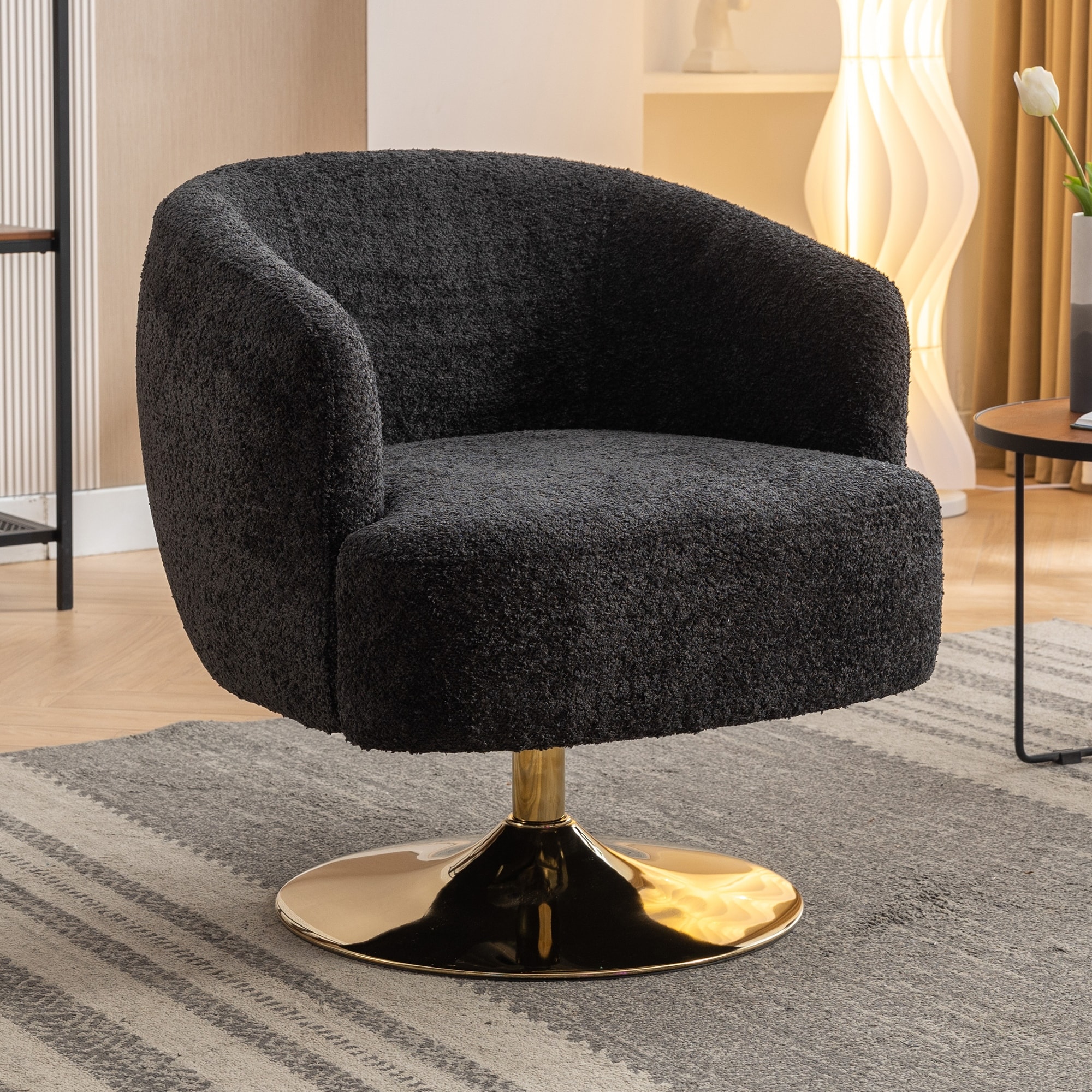 Black Chenille Fabric Accent Swivel Chair With Gold Metal Round Base for Living Room Study Room Office