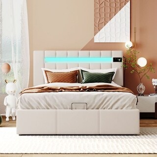 Beige Full Size Bed with LED light Bluetooth Player and USB Charging ...