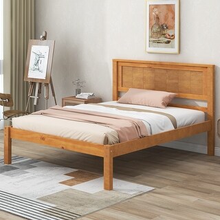 Brown Twin Pine Platform Bed Frame with Headboard and Storage - No Box Spring Required - Bed ...