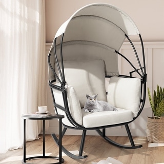 Outdoor Indoor Cushioned Rocking Egg Chair with Retractable Sun Shade ...