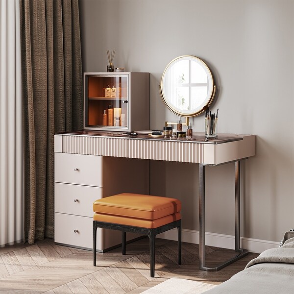 Mid century Modern Makeup Vanity Table Set LED Mirror Tempered Glass Tabletop 5 Drawers Stool Smoked Wood Veneer On Sale Bed Bath Beyond 37170160