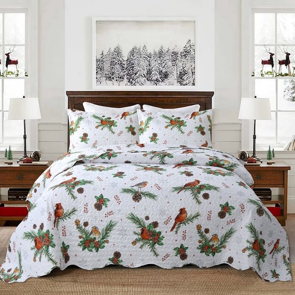 MarCielo 3 Pcs Winter Cardinals Christmas Quilt Bedspread Set C79 - On ...