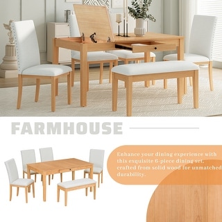 6-Piece Wood Storage Dining Table Set with Storable Bench & 4 Chairs ...