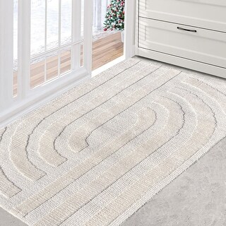 2x3 Ivory Light Cream Waves Stripes Geometric Abstract Soft Pile Boho ...