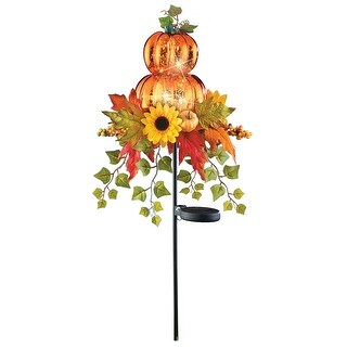 Solar Powered Pumpkin with Floral Garden Stake - 14.250 x 7.500 x 7.250 ...