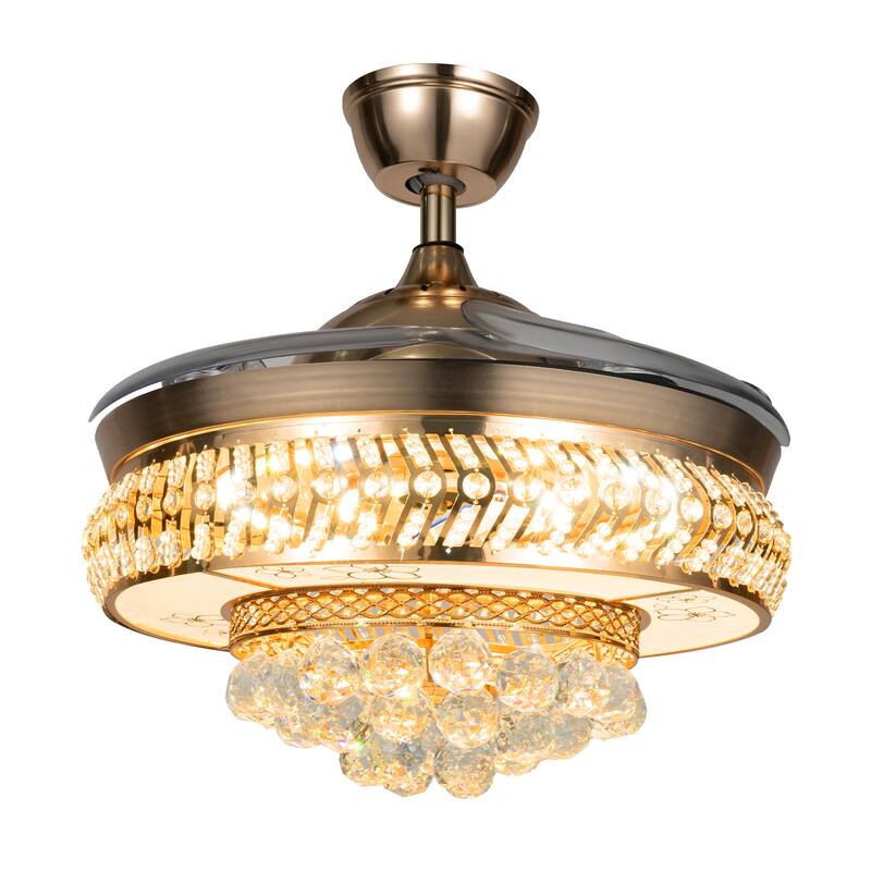 42In LED Crystal Gold Ceiling Fan Retractable Blades - Overstock - 36009502