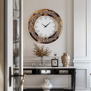 Large Round Mirror Clock Crystal Sparkle Diamond Mirrored Home Decor ...