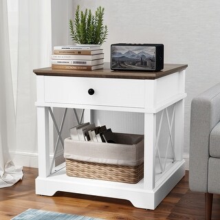 Moasis Farmhouse Square End Table with Drawer, Chairside Table with ...