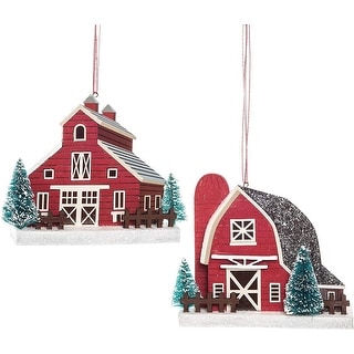Fancy Red Farm Barns Silo Sisal Trees Christmas Holiday Ornaments Set ...
