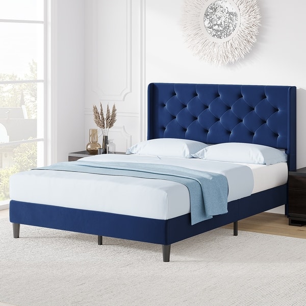 Blue Tufted Bed Frame with Wingback Headboard Strong Wood Slat Support ...