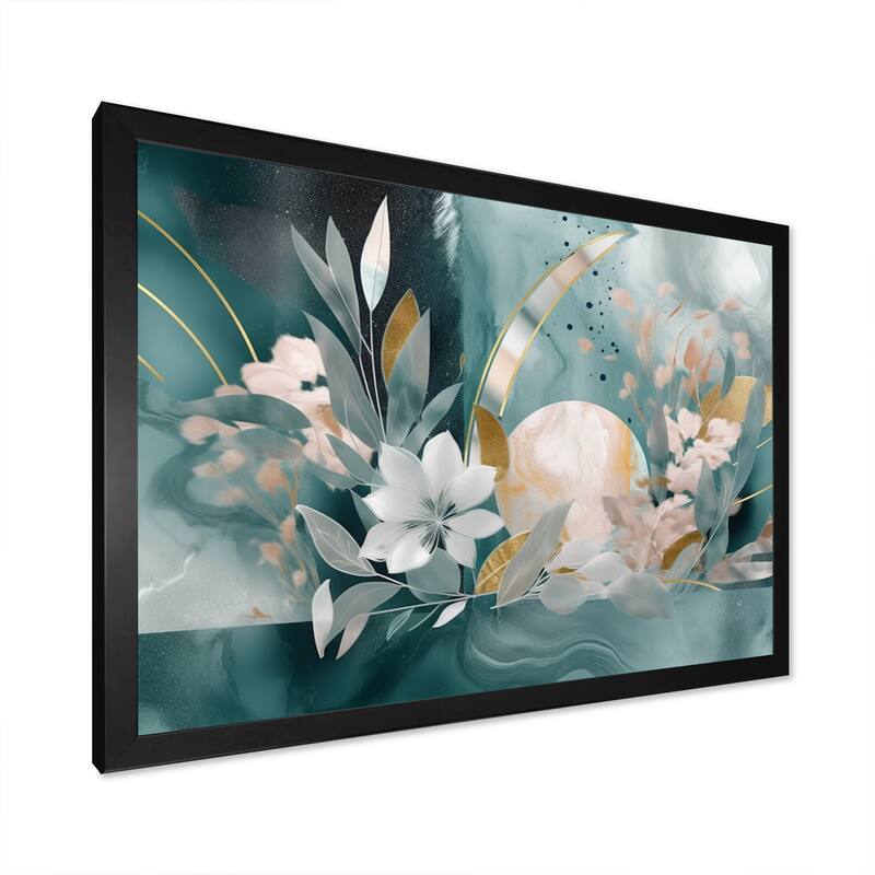 Designart "Golden Blue And Pink Smooth Floral Design I" Floral Framed ...