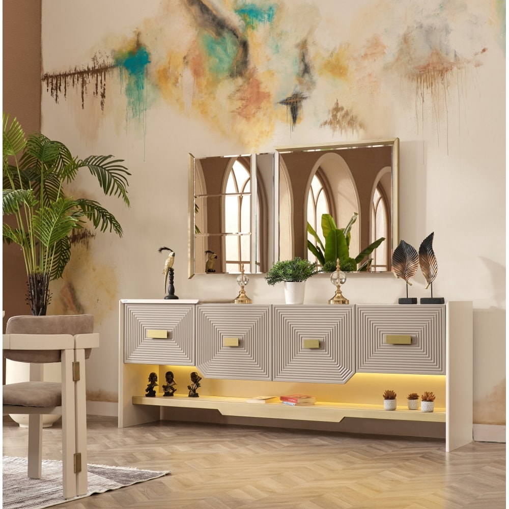 dining room with sideboard and mirror