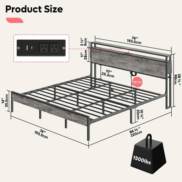 Metal Bed Frame Platform Bed with Storage Headboard LED Lights and ...