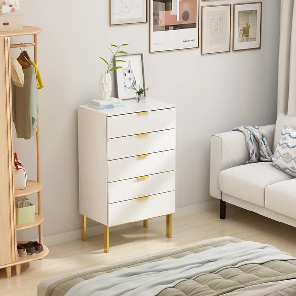 5 Drawer Dresser Chest of Drawers with Metal Leg Wood Dresser Storage ...