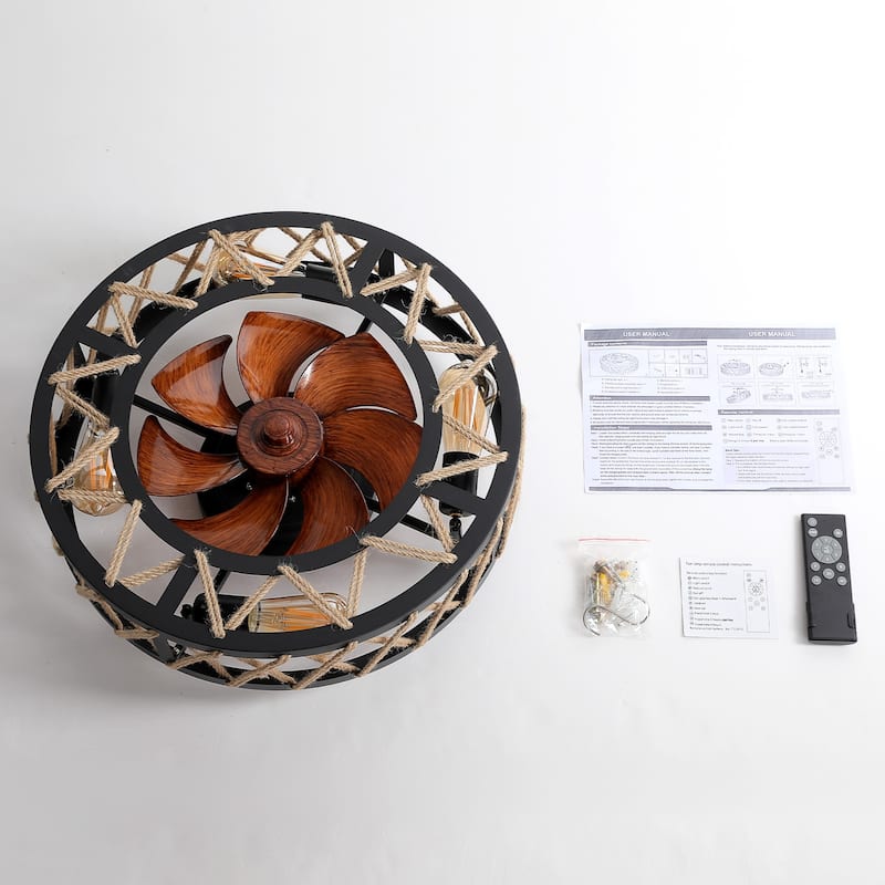 Netin 20" Rustic Farmhouse Black Caged Rattan Ceiling Fan Light, Flush ...