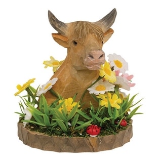 Light Brown Carved Wooden Highland Cow Bust with Faux Floral Accents ...