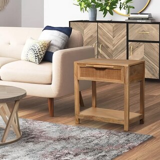 Rosette 22 Inch Accent Side Table, Rattan Front Drawer, Open Shelf, Natural Brown Mango Wood ...
