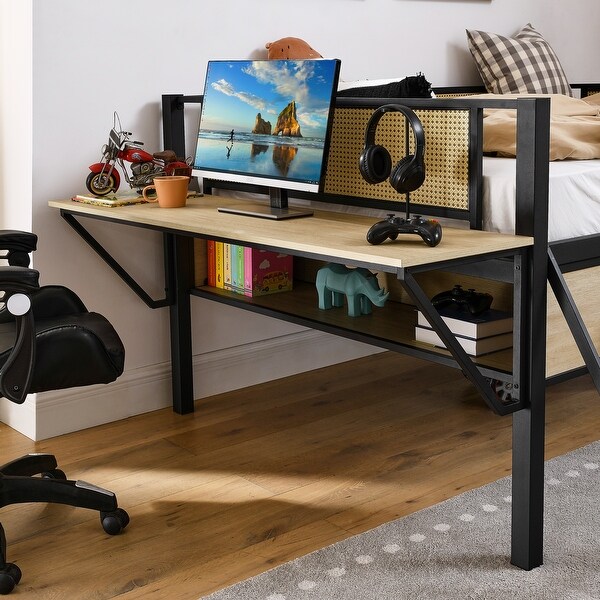 Single Metal Loft Bed with Rectangular Desk LED Lights Black Natural
