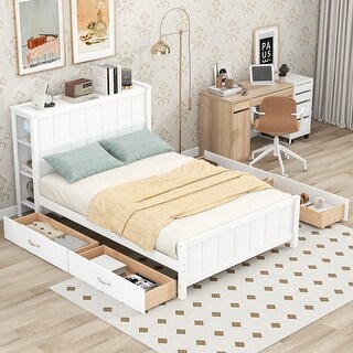 White Full Size Platform Bed with Drawers and Storage Shelves - Bed ...