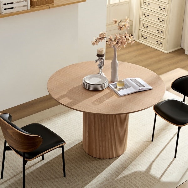 Mid-Century Modern 47.24-Inch Round Natural Black MDF Dining Table ...
