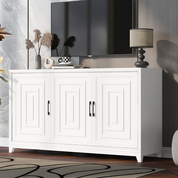 Modern TV Cabinet with Geometric Doors Adjustable Shelves Solid Wood Legs Metal Handles Fits 65 TV White