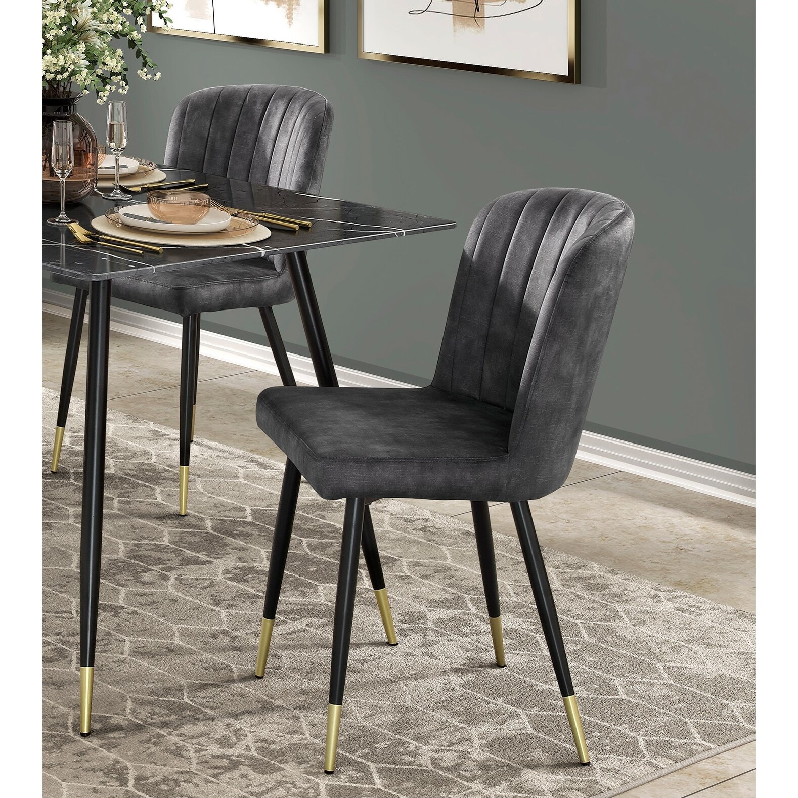 Charcoal Colored Tufted Black Metal Leg Dining Chair Set of 2
