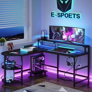 Gaming Desk with LED Strip & Power Outlets, L Shaped Computer Corner ...