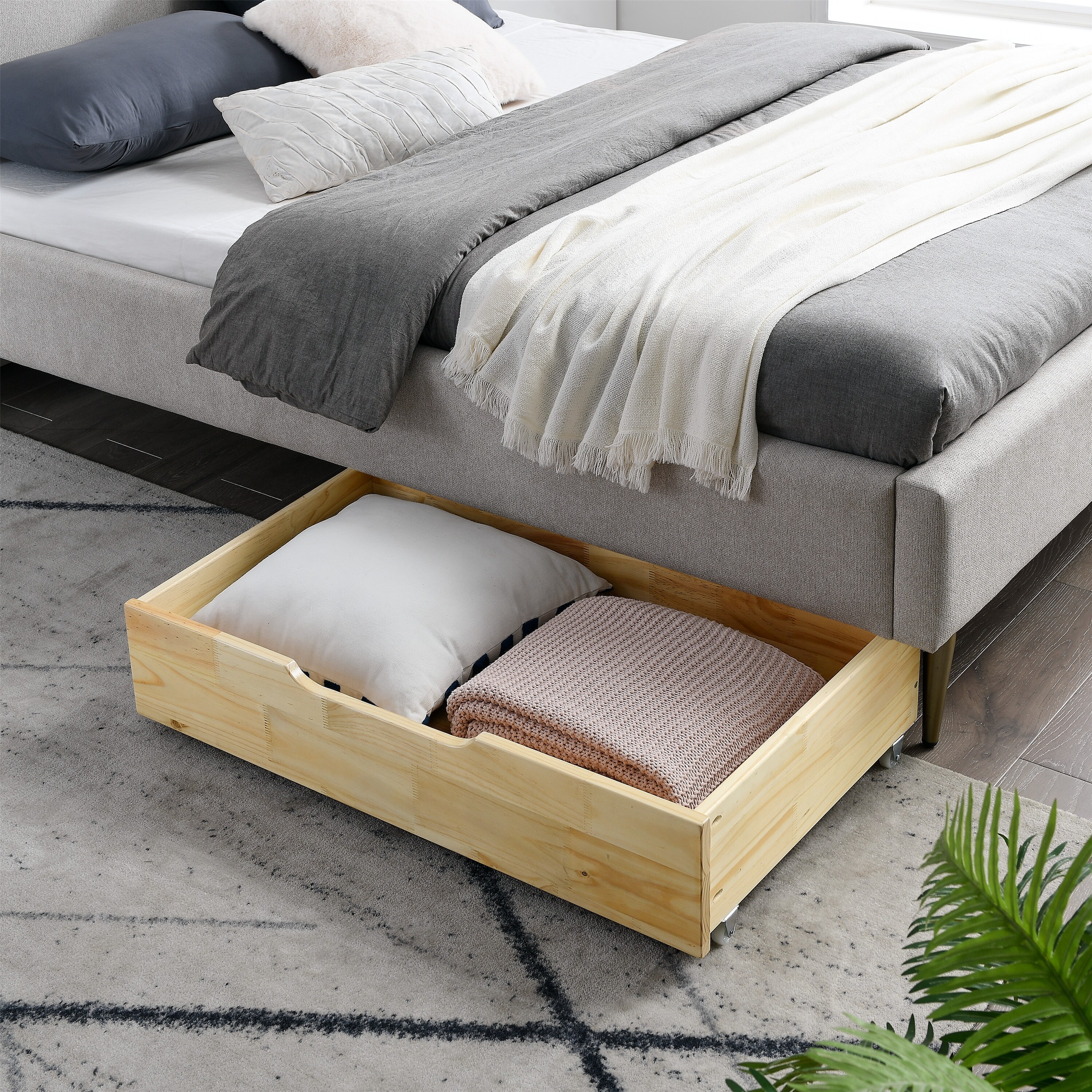 MUSEHOMEINC Solid Wood Under Bed Storage Drawer with 4 Wheels for Bedroom Suggested for Queen King Size Platform Bed Natural